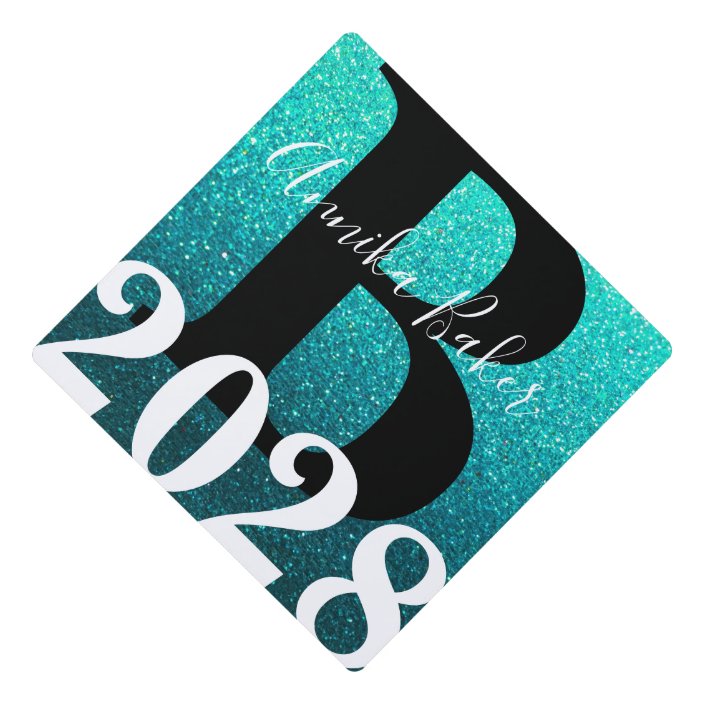 Aqua Black Glitter Ombre Monogram Name Graduation Graduation Cap Topper ...