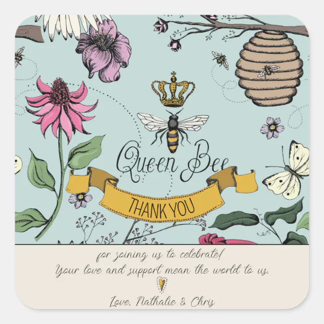 Aqua, Black & Gold Queen Bee and Crown Thank You Square Sticker | Zazzle