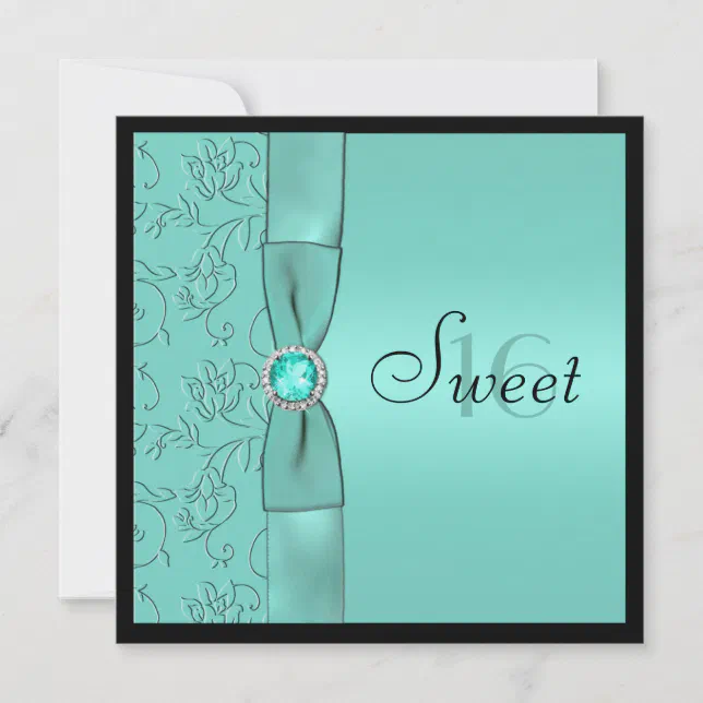 Aqua, Black PRINTED RIBBON Sweet Sixteen Invite | Zazzle