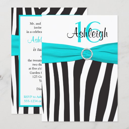 Aqua, Black, White Zebra 16th Birthday Invitation | Zazzle