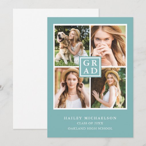Aqua Blue and White Photo Collage Graduation Announcement | Zazzle