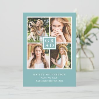Aqua Blue and White Photo Collage Graduation Announcement | Zazzle