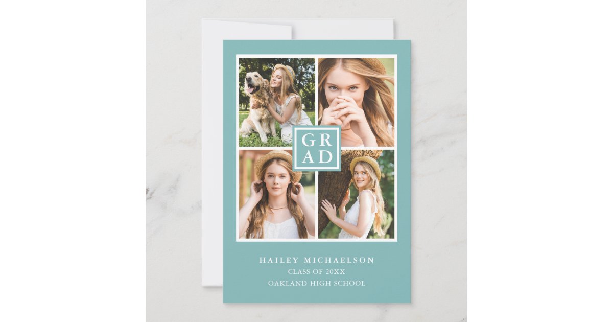 Aqua Blue and White Photo Collage Graduation Announcement | Zazzle