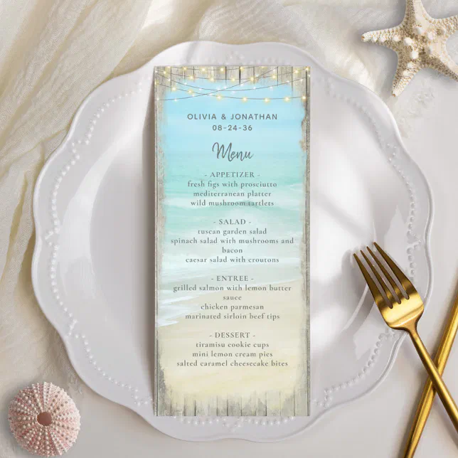 Aqua Blue Beach Rustic Wood String Lights Wedding Menu | Zazzle