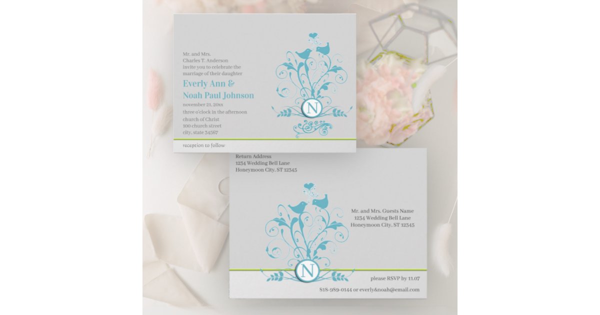 Aqua Blue Birds Hearts Wedding Invitation Postcard | Zazzle