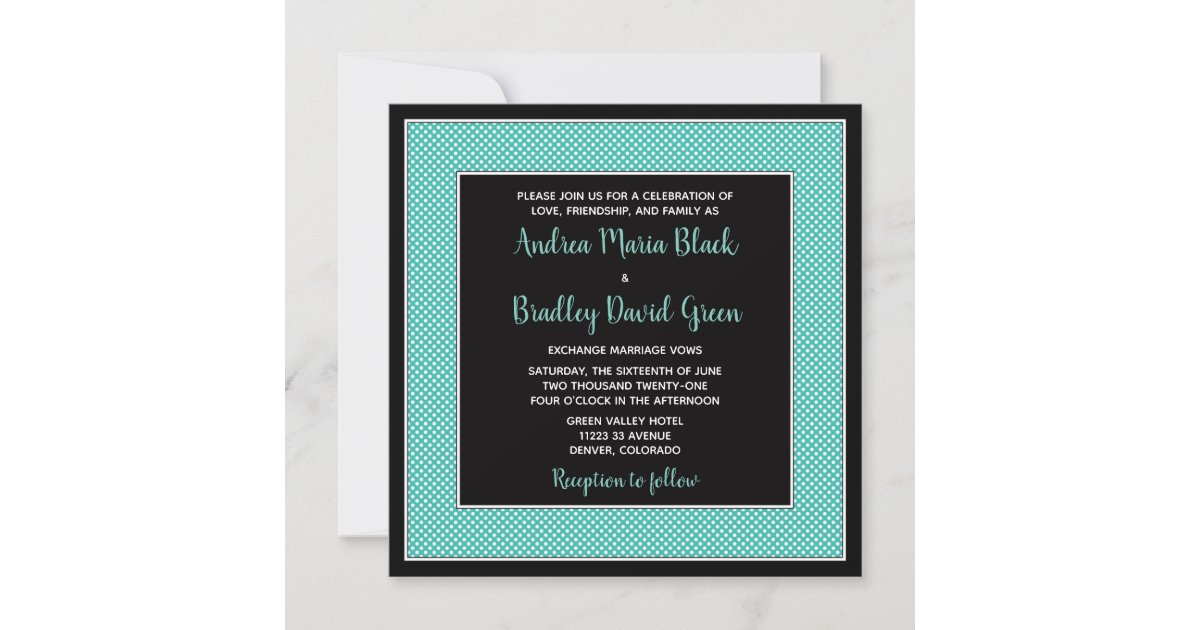 Aqua Blue Black Polka Dot Wedding Invitation | Zazzle