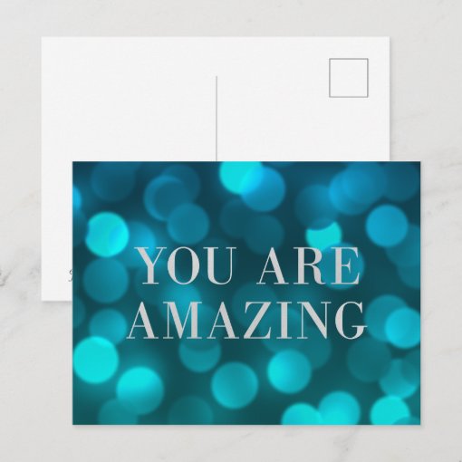 Aqua Blue Bokeh Lights Faux Silver You Are Amazing Postcard | Zazzle