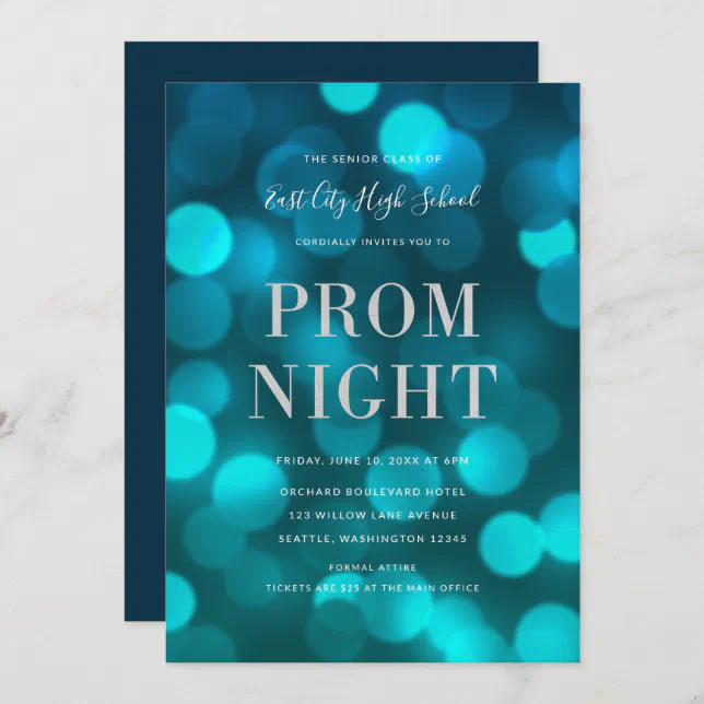 Aqua Blue Bokeh Lights Silver High School Prom Invitation | Zazzle