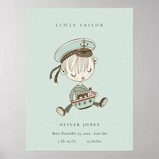 Aqua Blue Boys Little Sailor Nautical Birth Stat Poster | Zazzle