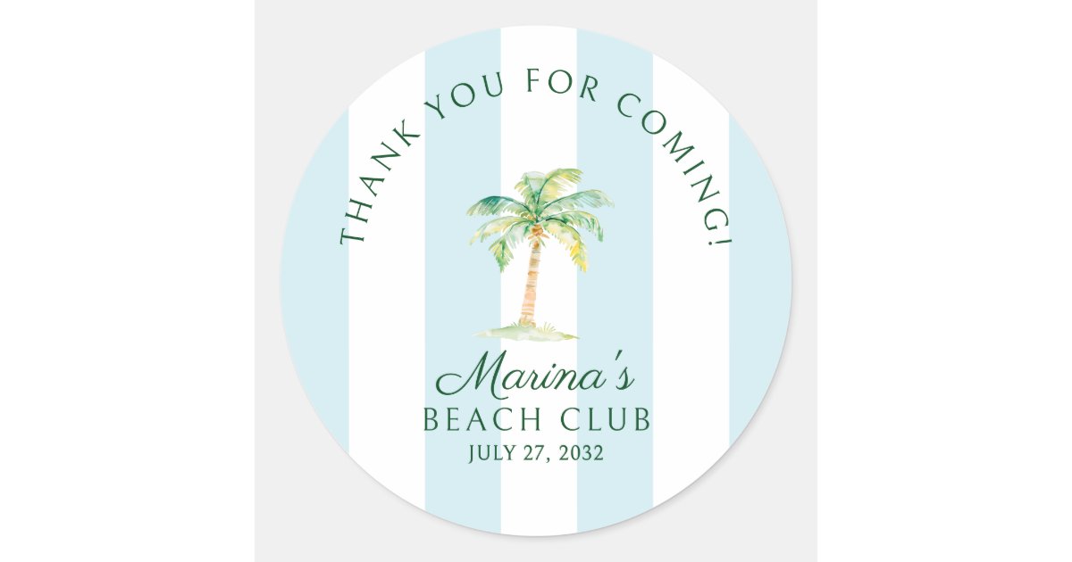 Aqua Blue Cabana Stripes Palm Beach Club Thank You Classic Round ...