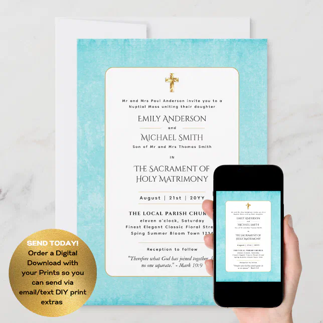 Aqua Blue Catholic Nuptial Mass Wedding Invitation | Zazzle