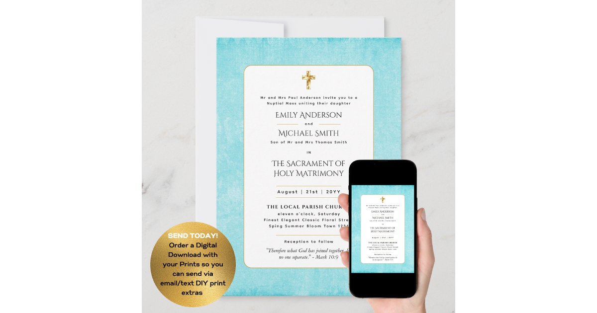 Aqua Blue Catholic Nuptial Mass Wedding Invitation | Zazzle