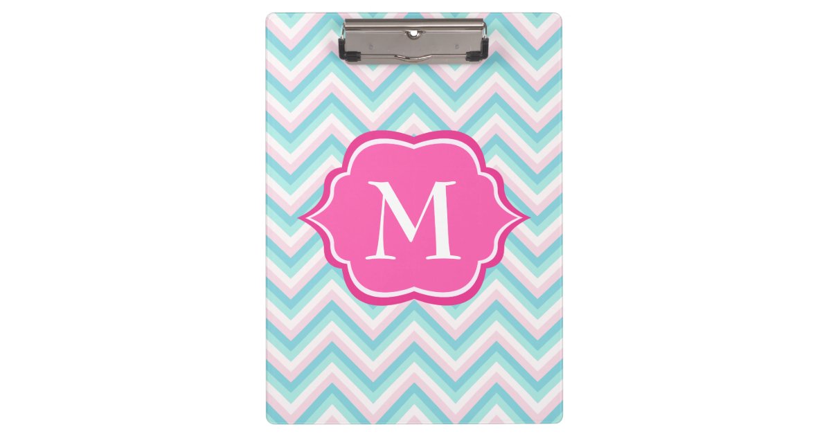 Aqua Blue Chevron Pink White Monogram Design Clipboard | Zazzle