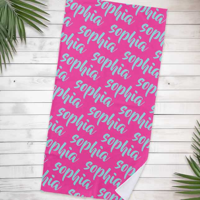 Aqua blue custom name script bold hot pink beach towel | Zazzle