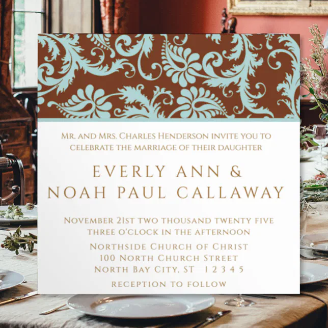 Aqua Blue Damask on Brown Wedding Invitation | Zazzle