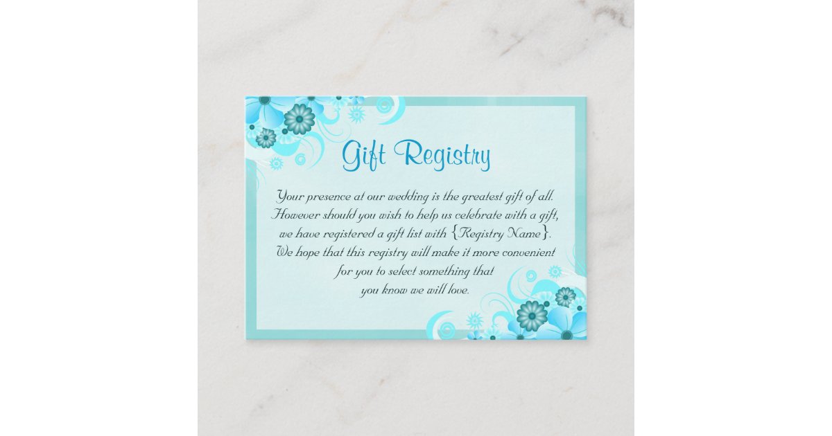 Aqua Blue Floral Mini Wedding Gift Registry Enclosure Card | Zazzle