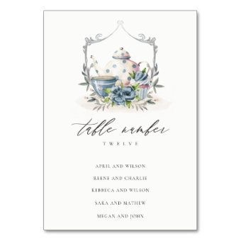 Aqua Blue floral Teapot Cup Crest Wedding Seating Table Number | Zazzle