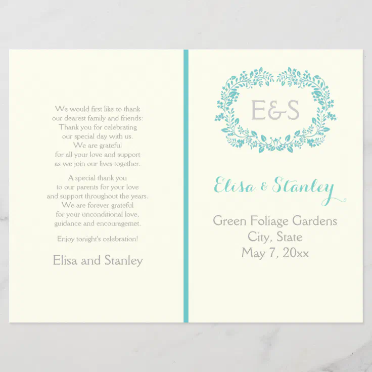 Aqua blue foliage frame folded wedding program | Zazzle