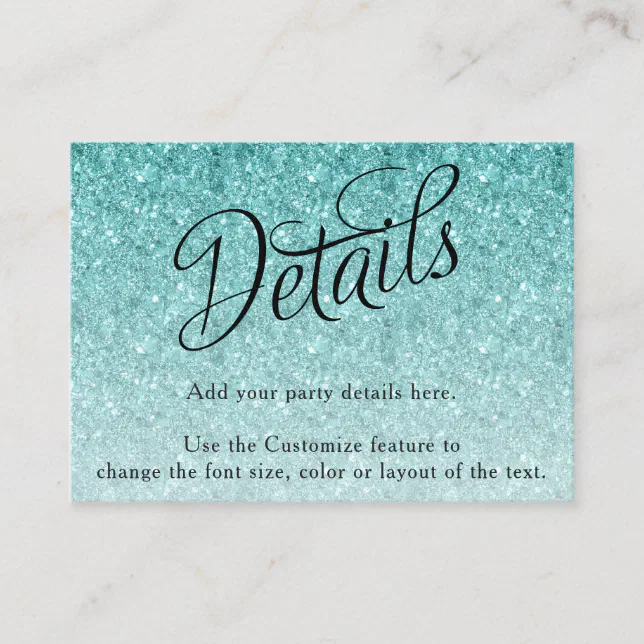 Aqua Blue Glitter Fancy Script Detail Enclosure Card | Zazzle