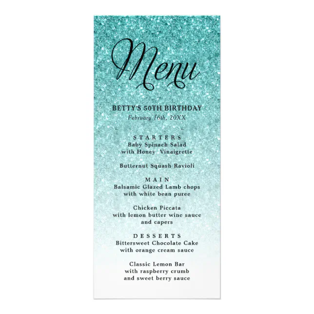 Aqua Blue Glitter Tall Menu Card | Zazzle