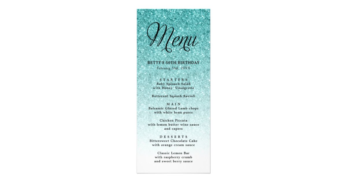 Aqua Blue Glitter Tall Menu Card | Zazzle
