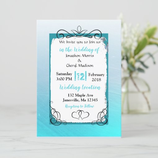 Aqua Blue Gradient Black Script Wedding Invitation | Zazzle