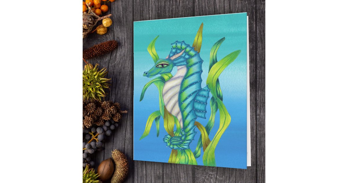 Aqua Blue Green Fantasy Sea Dragon in Seaweed Blue Card | Zazzle