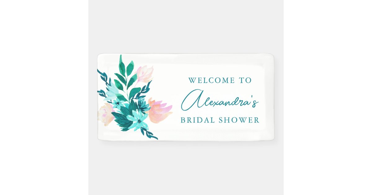 Aqua Blue Green Watercolor Floral Bridal Shower Banner | Zazzle