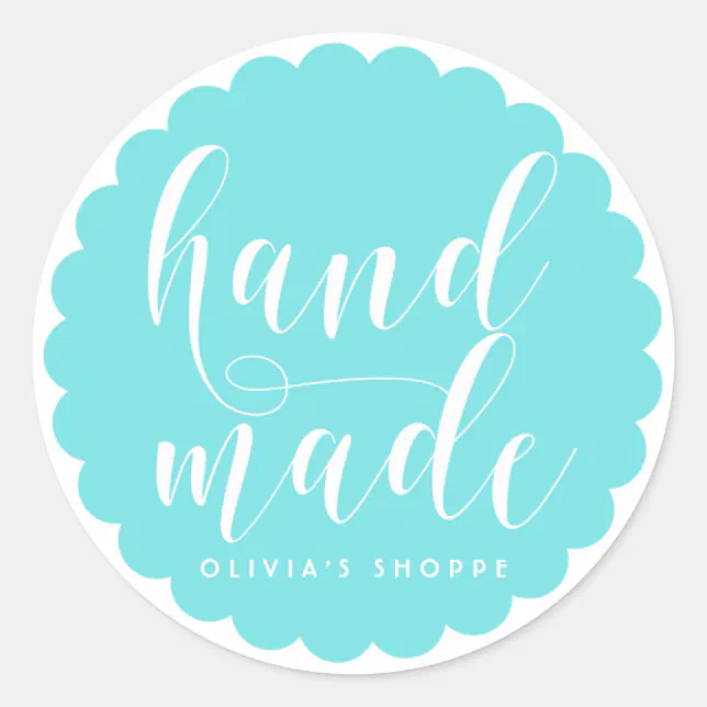 Aqua Blue Hand Made Modern Calligraphy Business Classic Round Sticker ...