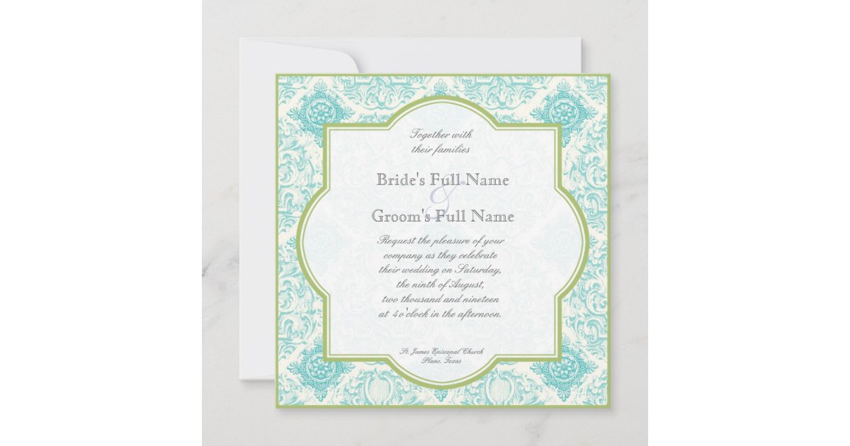 Aqua Blue Lime Toile Quatrefoil Wedding Invite | Zazzle