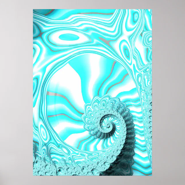 Aqua Blue Nautilus Shell Spiral Fractal Abstract Poster | Zazzle
