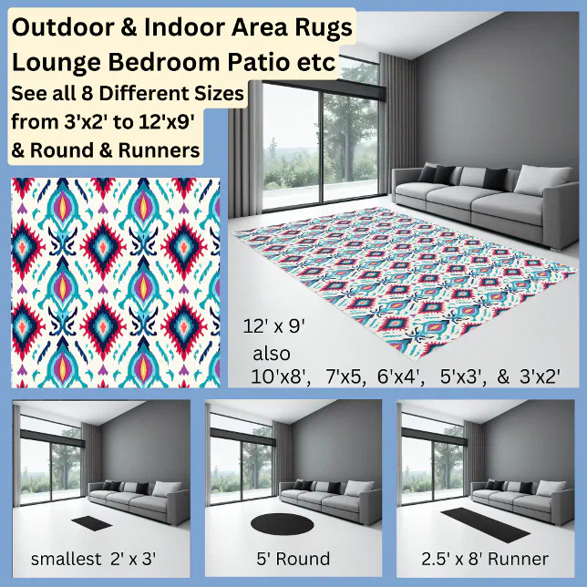 Aqua Blue Red White Ikat Style Rug | Zazzle