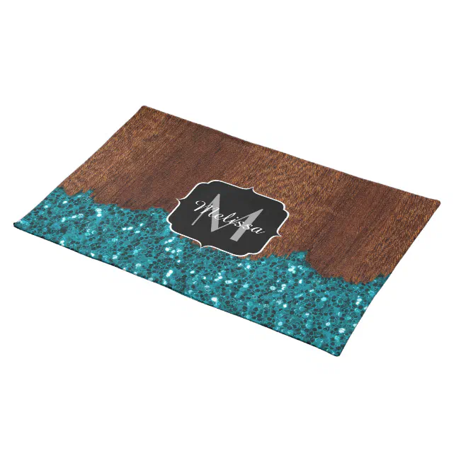 Aqua blue sparkles rustic brown wood Monogram Placemat | Zazzle