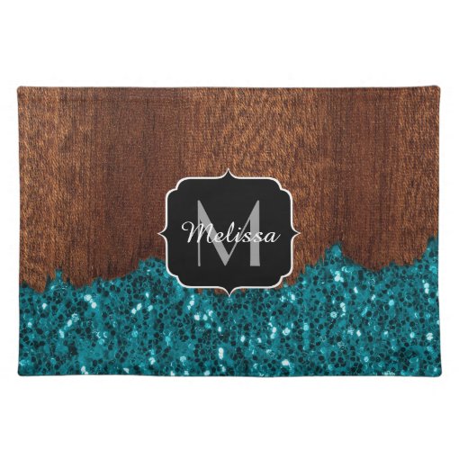 Aqua blue sparkles rustic brown wood Monogram Placemat | Zazzle