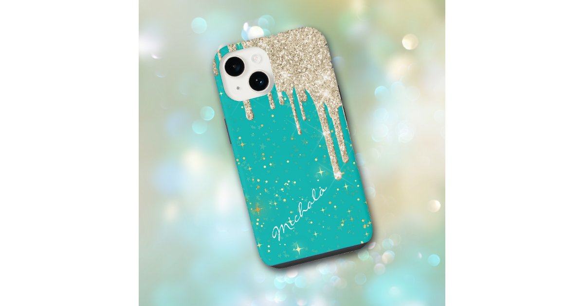 Aqua Blue Star Sparkle Silver Glitter Drips iPhone Case | Zazzle