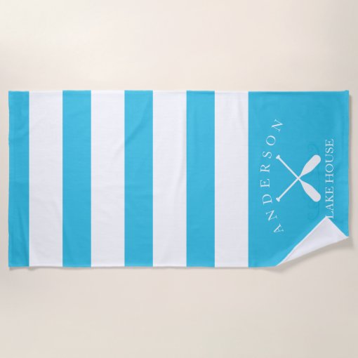 Aqua Blue Stripe Personalized Lake House Beach Towel | Zazzle