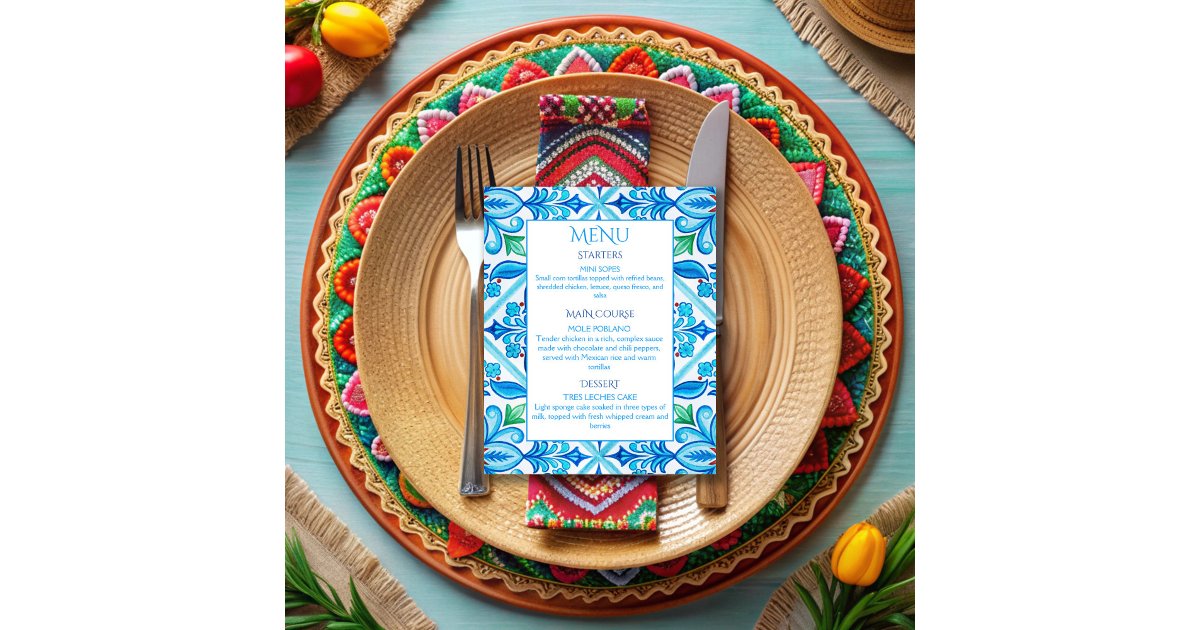 Aqua Blue Talavera tiles wedding menu | Zazzle