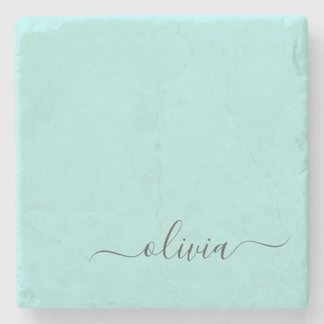 Aqua Blue Teal Modern Script Girly Monogram Name Stone Coaster | Zazzle