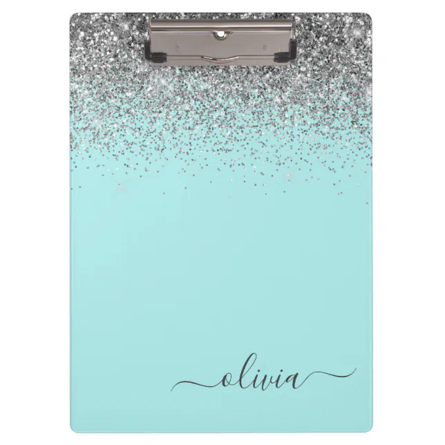 Aqua Blue Teal Silver Glitter Monogram Clipboard | Zazzle