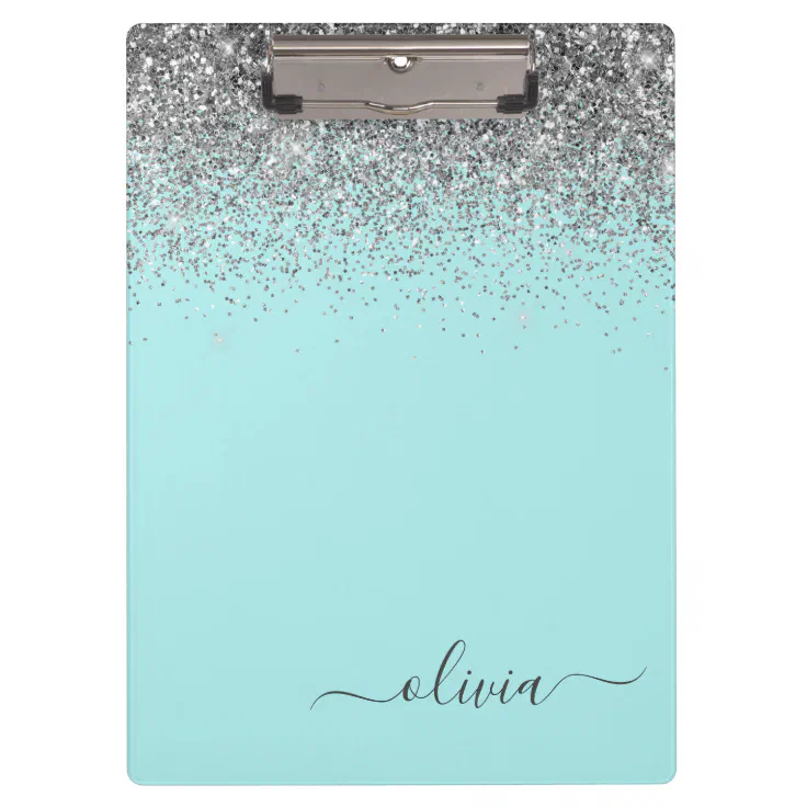 Aqua Blue Teal Silver Glitter Monogram Clipboard | Zazzle