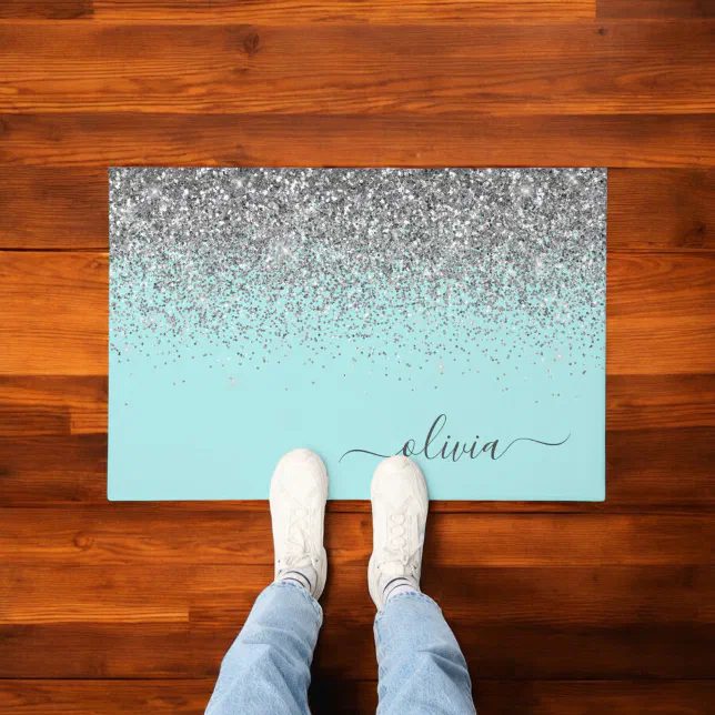 Aqua Blue - Teal Silver Glitter Monogram Doormat | Zazzle