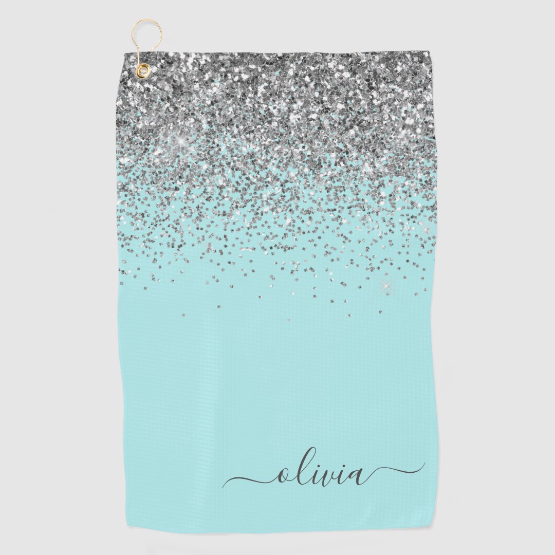 Aqua Blue Teal Silver Glitter Monogram Golf Towel | Zazzle