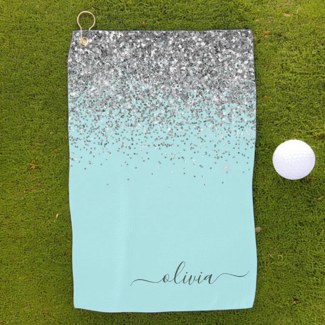 Aqua Blue Teal Silver Glitter Monogram Golf Towel | Zazzle