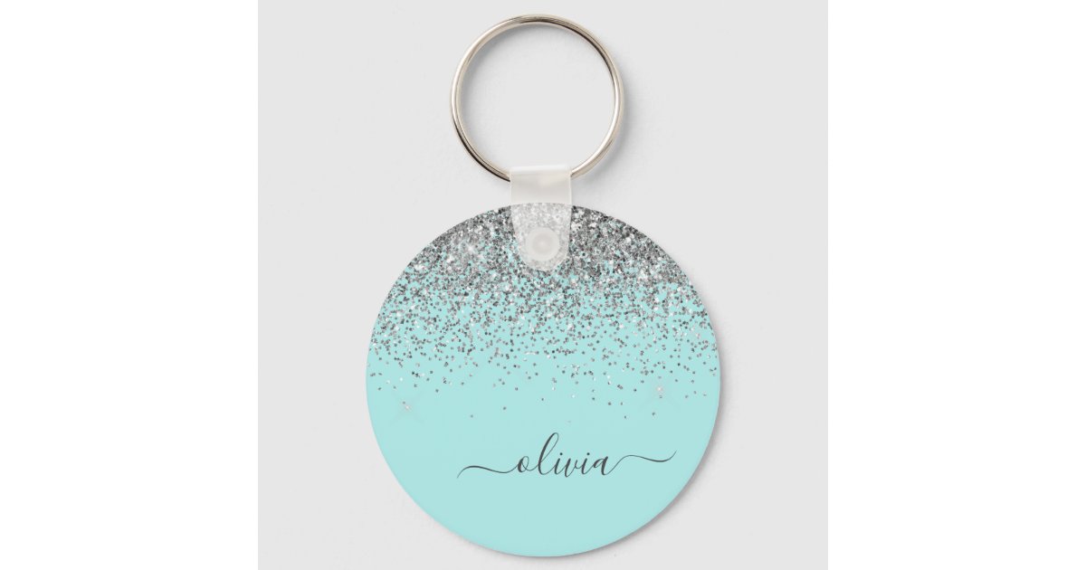 Aqua Blue Teal Silver Glitter Monogram Keychain | Zazzle