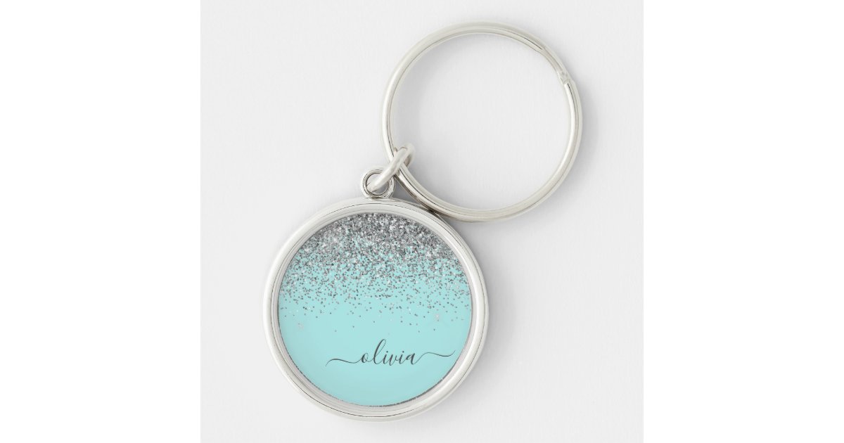 Aqua Blue Teal Silver Glitter Monogram Keychain | Zazzle