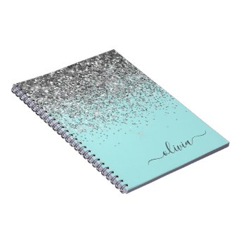 Aqua Blue Teal Silver Glitter Monogram Notebook | Zazzle
