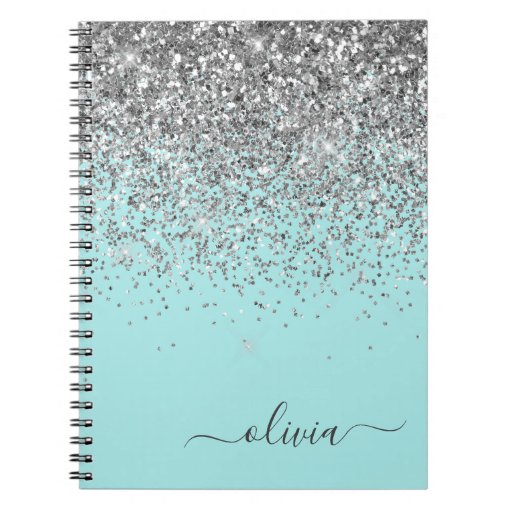 Aqua Blue Teal Silver Glitter Monogram Notebook | Zazzle