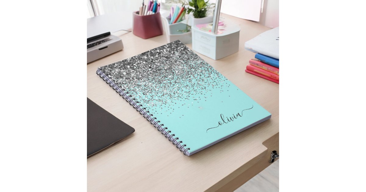 Aqua Blue Teal Silver Glitter Monogram Notebook | Zazzle