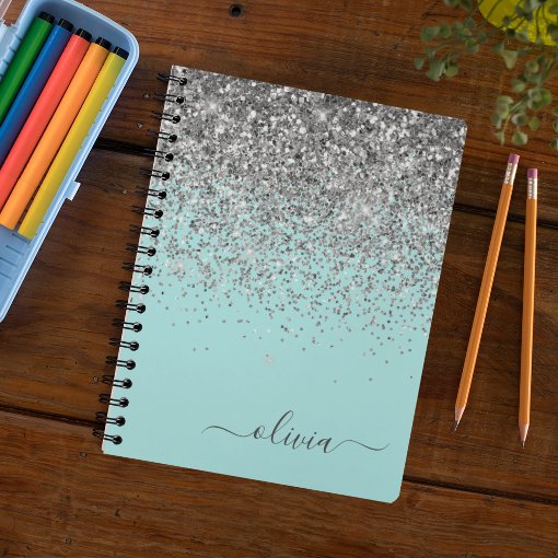 Aqua Blue Teal Silver Glitter Monogram Notebook | Zazzle