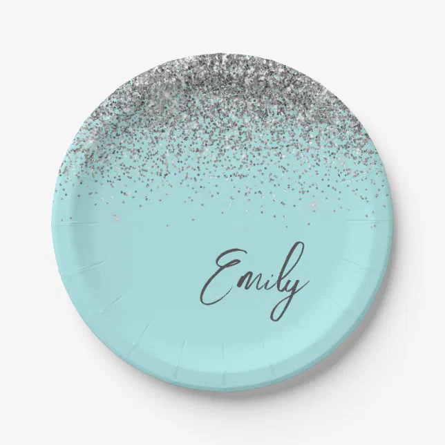 Aqua Blue Teal Silver Glitter Monogram Paper Plates | Zazzle